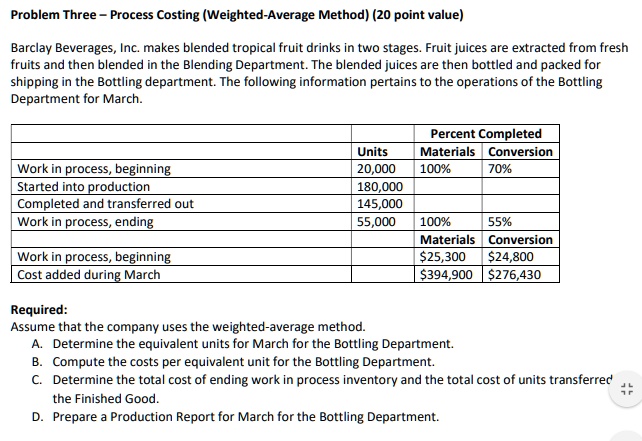 Problem Three - Process Costing (Weighted-Average Method) (20 point ...