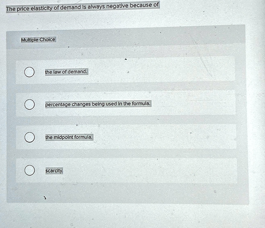 SOLVED: The price elasticity of demand is always negative because of ...