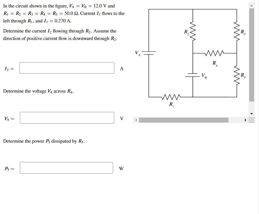 SOLVED: In the circuit shown in the figure. VA VB = 12.0 V and Ri = Rz = Ry = Ry = Rs = 50.0 0 ...