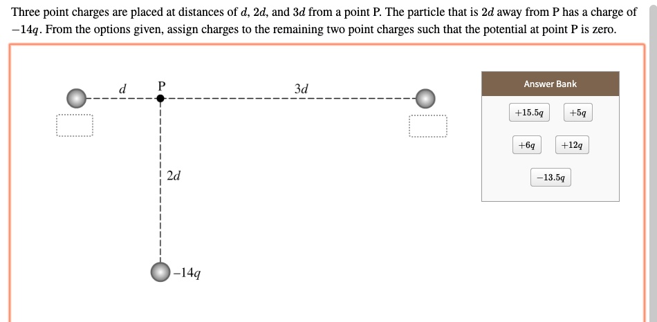 SOLVED: Three point charges are placed at distances of d, 2d,and 3d ...