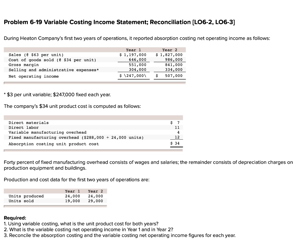 SOLVED: Problem 6-19 Variable Costing Income Statement; Reconciliation ... SOLVED: Problem 6-19 Variable Costing Income Statement; Reconciliation ...