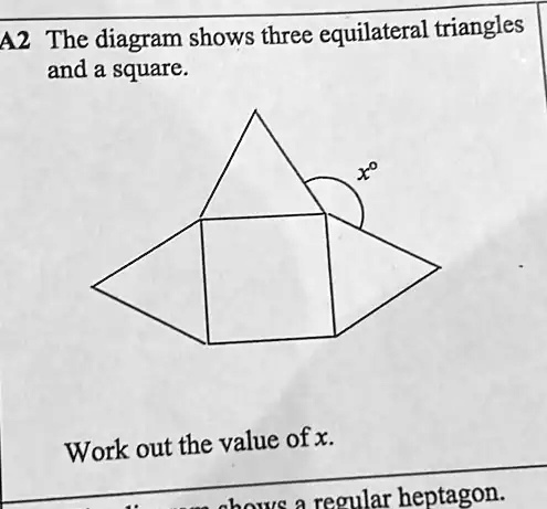SOLVED: The diagram shows three equilateral triangles and a square. Work out the value of x in a ...
