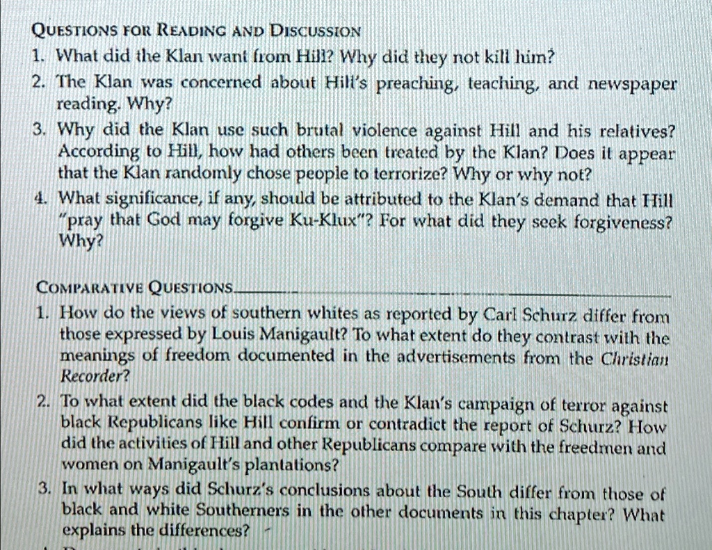 QUESTIONS FOR READING AND DISCUSSION What did the Klan want from Hill ...