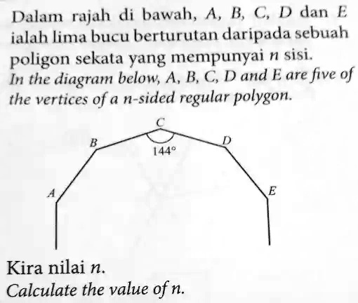 SOLVED: In the diagram below, A, B, C, D, and E are five consecutive vertices of a regular ...