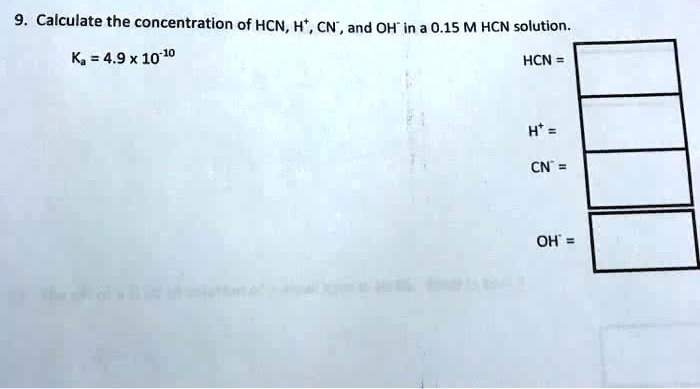 ' Calculate the concentration of HCN, H^+, CN^-, and OH^- in a 0.15 M ...