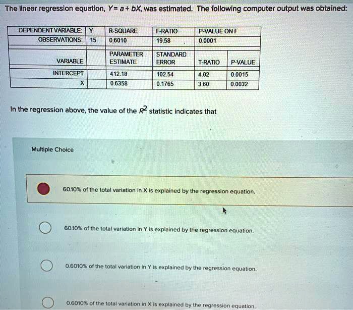 the linear regression equation y a bx was estimated the following ...