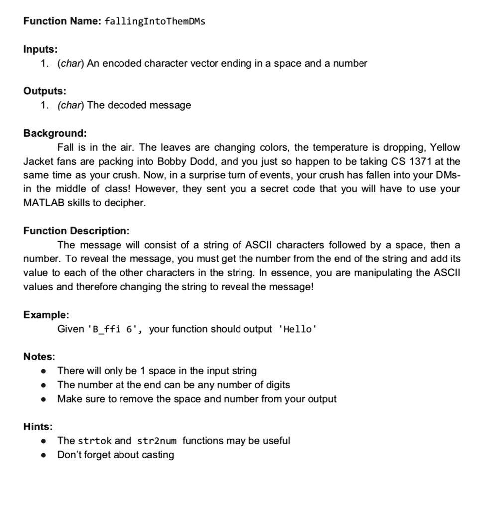 Solved Function Name Fallingintothemdms Inputs 1 Char An Encoded Character Vector Ending 8699