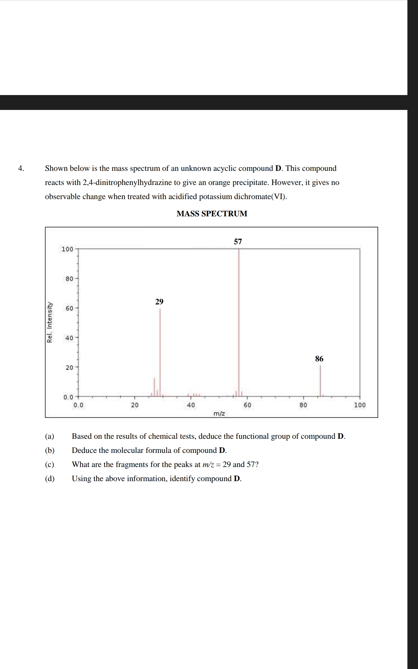 4. Shown below is the mass spectrum of an unknown acyclic compound D ...