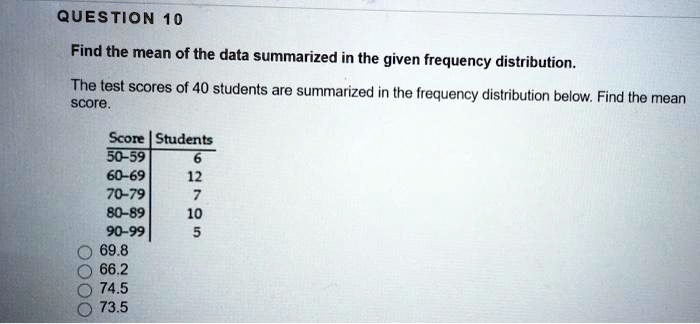 SOLVED: Question 10 Find the mean of the data summarized in the given frequency distribution ...