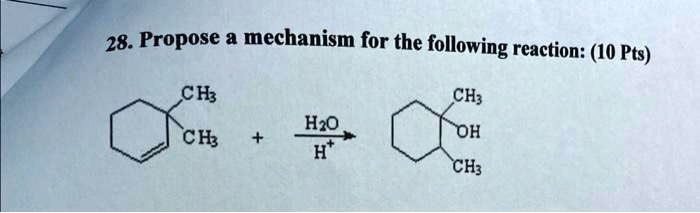 28. Propose a mechanism for the following reaction: (10 Pts) CH3 CH3 H2O CH3 OH + H^+ CH3