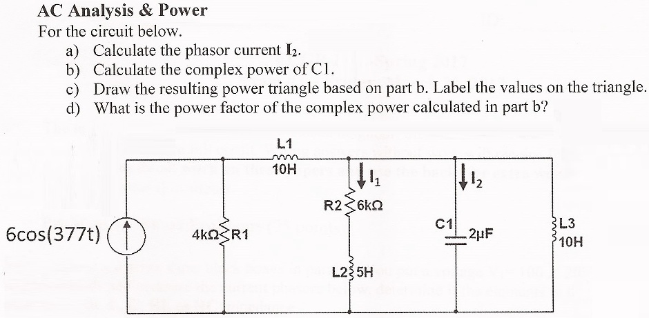 AC Analysis Power For the circuit below. a) Calculate the phasor current I2. b) Calculate the ...