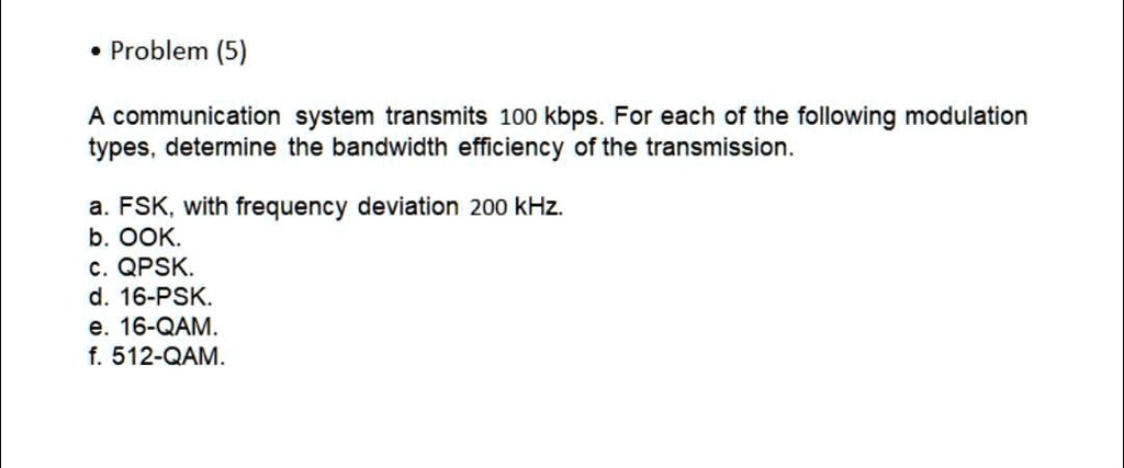 Problem (5) A communication system transmits 100 kbps. For each of the following modulation ...