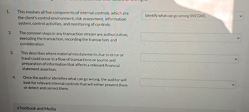 1. This involves all five components of internal controls, which are ...