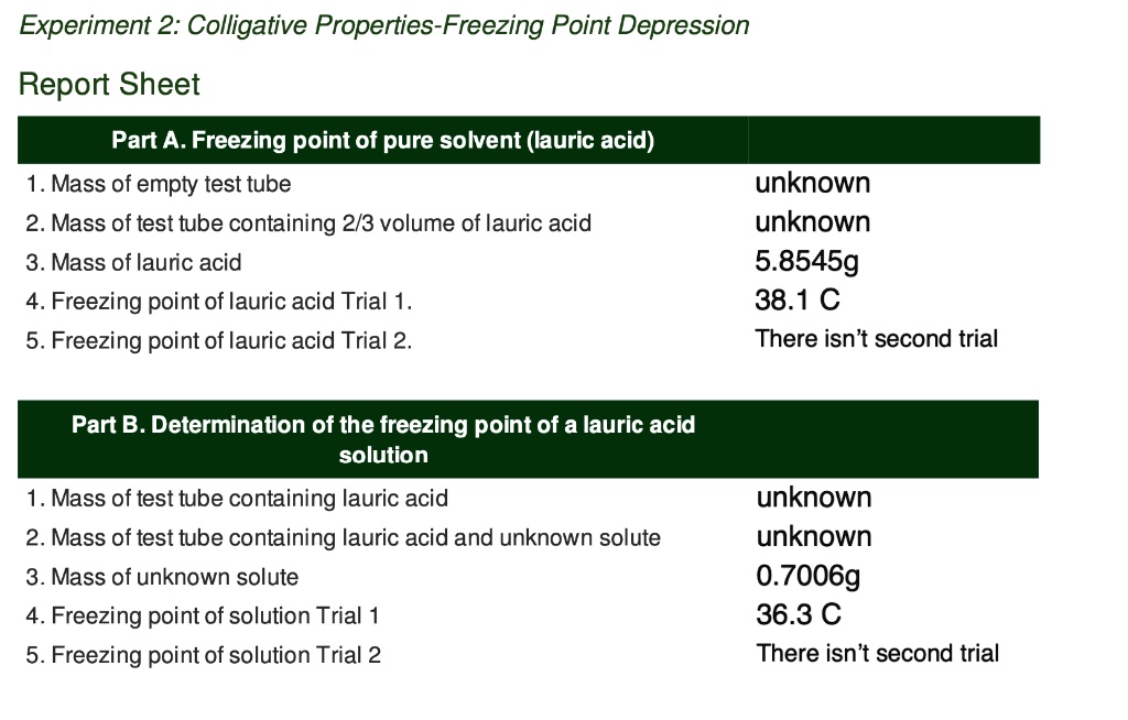 experiment 2 colligative properties freezing point depression report ...