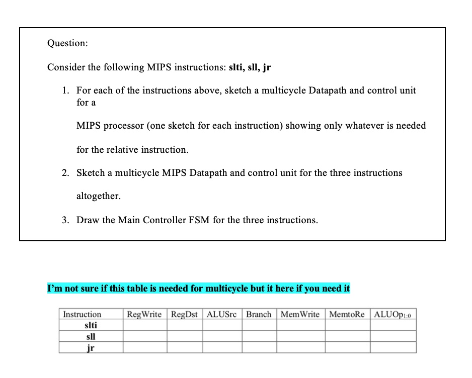 Solved Consider The Following Mips Instructions Slti Sll Jr 1 For Each Of The Instructions