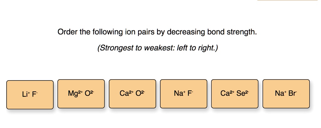 SOLVED: Order the following ion pairs by decreasing bond strength ...