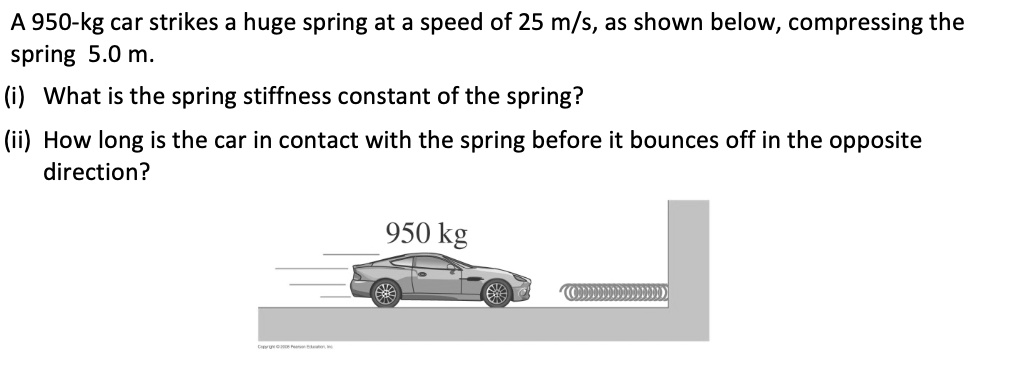 a 950 kg car strikes a huge spring at a speed of 25 ms as shown below ...