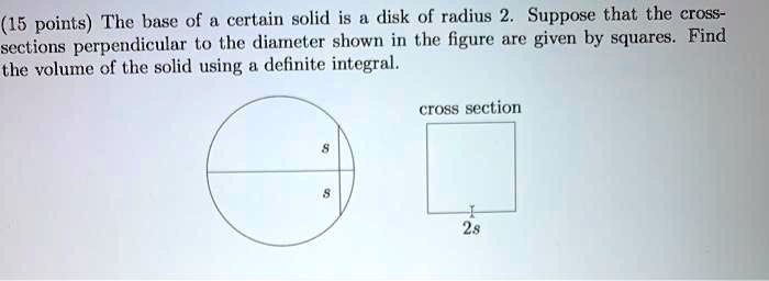 (15 points) The base of a certain solid is a disk of radius 2. Suppose that the cross-sections ...