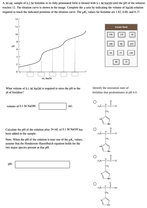 SOLVED: 30 mL sample of 0.2 M histidine in its fully protonated form titrated with 0.1 M NaOH ...