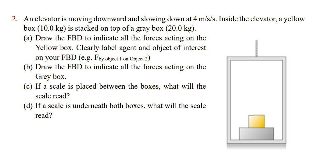 SOLVED: 2. An elevator is moving downward and slowing down at 4 m / s ...