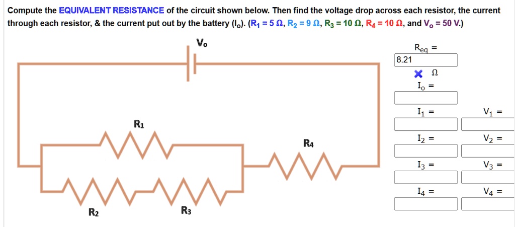 Compute the EQUIVALENT RESISTANCE of the circuit shown below. Then find the voltage drop across ...