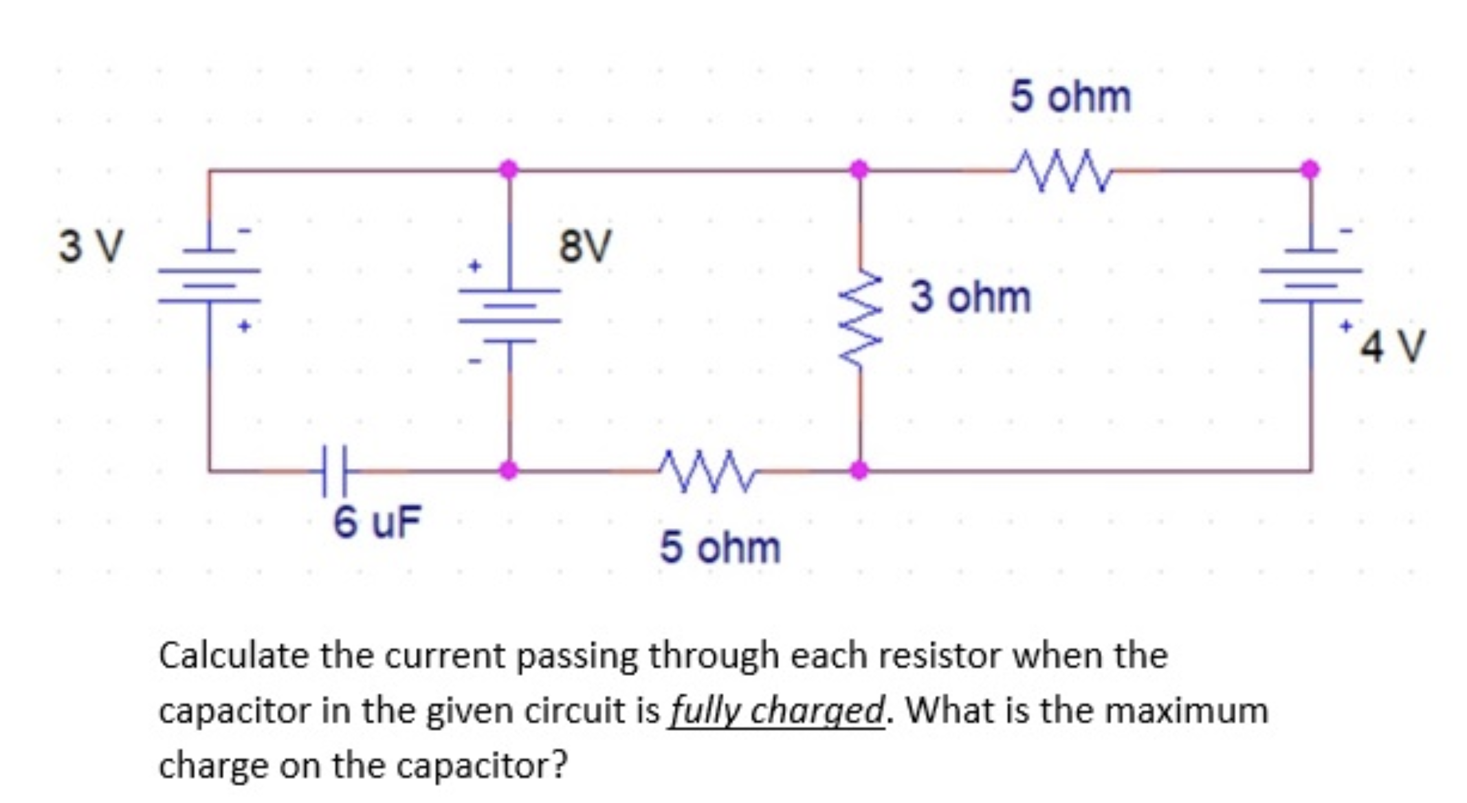 Calculate the current passing through each resistor when the capacitor in the given circuit is ...