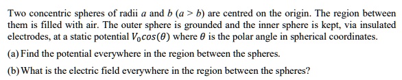 SOLVED: Two concentric spheres of radii a and b (a > b) are centered on ...