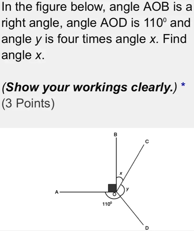 SOLVED: In the figure below, angle AOB is a right angle, angle AOD is ...