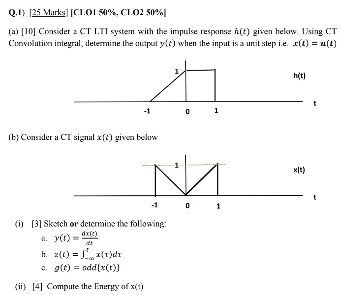 SOLVED: Q.1) [25 Marks] [CLO1 50%,CLO2 50%] (a) [10] Consider a CT LTI system with the impulse ...
