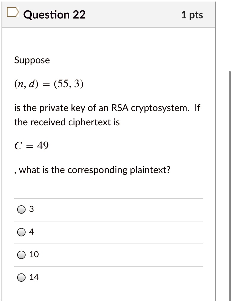 Question 22 1 Pts Suppose N D 553 Is The Private Key Of An Rsa Cryptosystem If The Received 