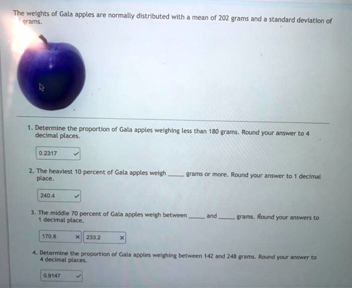 SOLVED: The weights of Gala apples are normally distributed with a mean ...