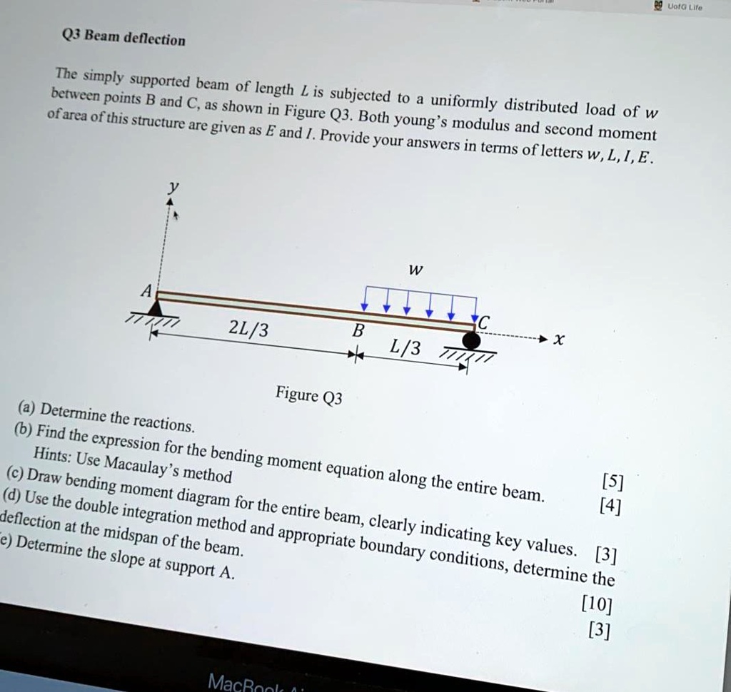 SOLVED: Uota Lilo Q3 Beam deflection The simply supported beam between points B and C; length L ...