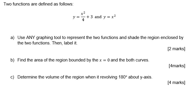 SOLVED: Two functions are defined as follows: y=(x^2)/(4)+3 and y=x^2 a) Use ANY graphing tool ...
