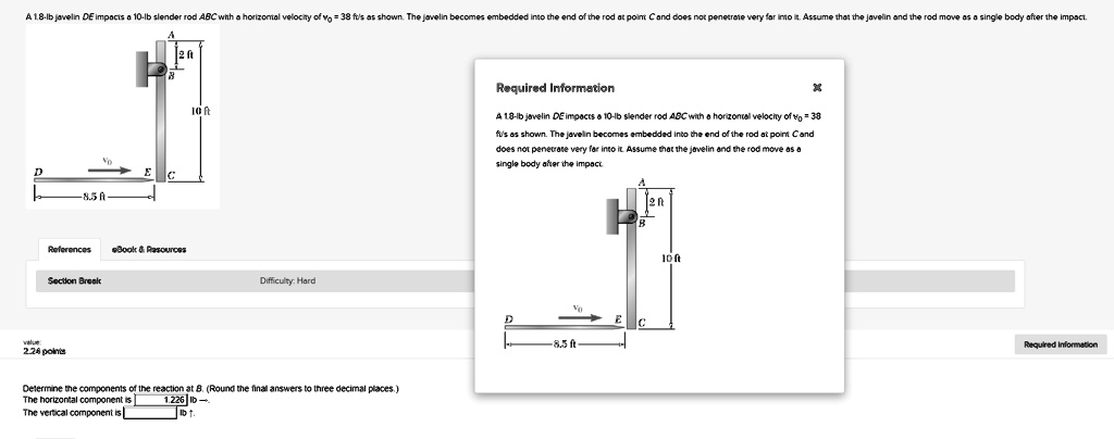A 18-lb javelin DE impacts a 10-lb slender rod ABC with a horizontal ...