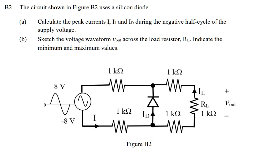 B2. The circuit shown in Figure B2 uses a silicon diode. (a) Calculate the peak currents I, IL ...