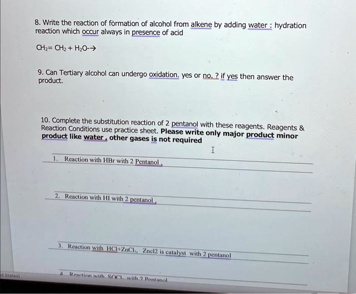 SOLVED: 8. Write the reaction for the formation of alcohol from alkene ...