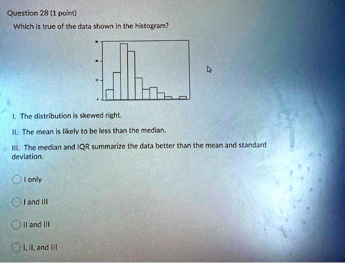 SOLVED: Question 28 (1 point) which is true of the data shown in the histogram? The distribution ...