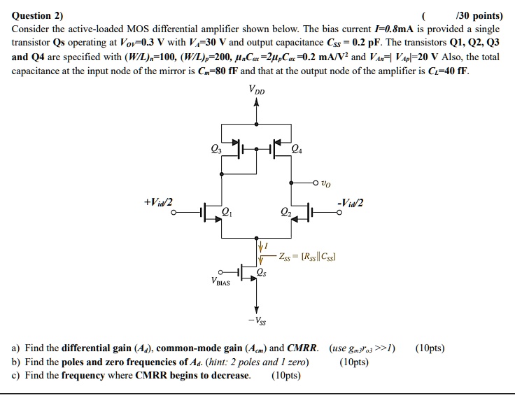 SOLVED: Question 2 (30 points) Consider the active-loaded MOS differential amplifier shown below ...