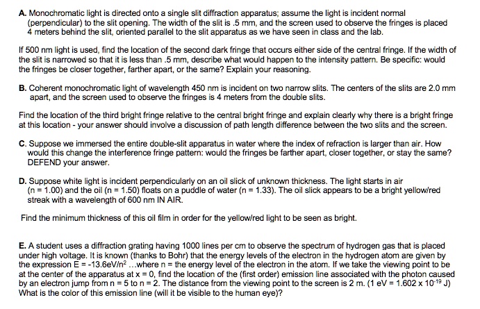 SOLVED: A. Monochromatic light is directed onto a single-slit ...