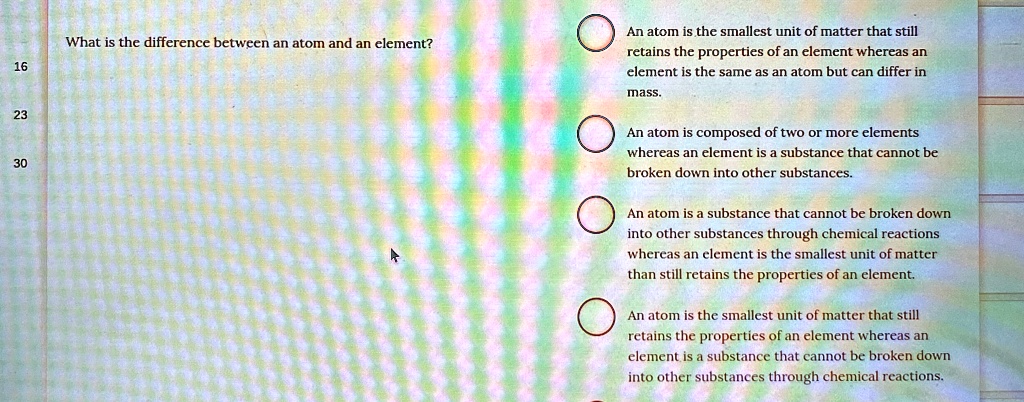 what is the difference between an atom and an element an atom is the smallest unit of matter ...