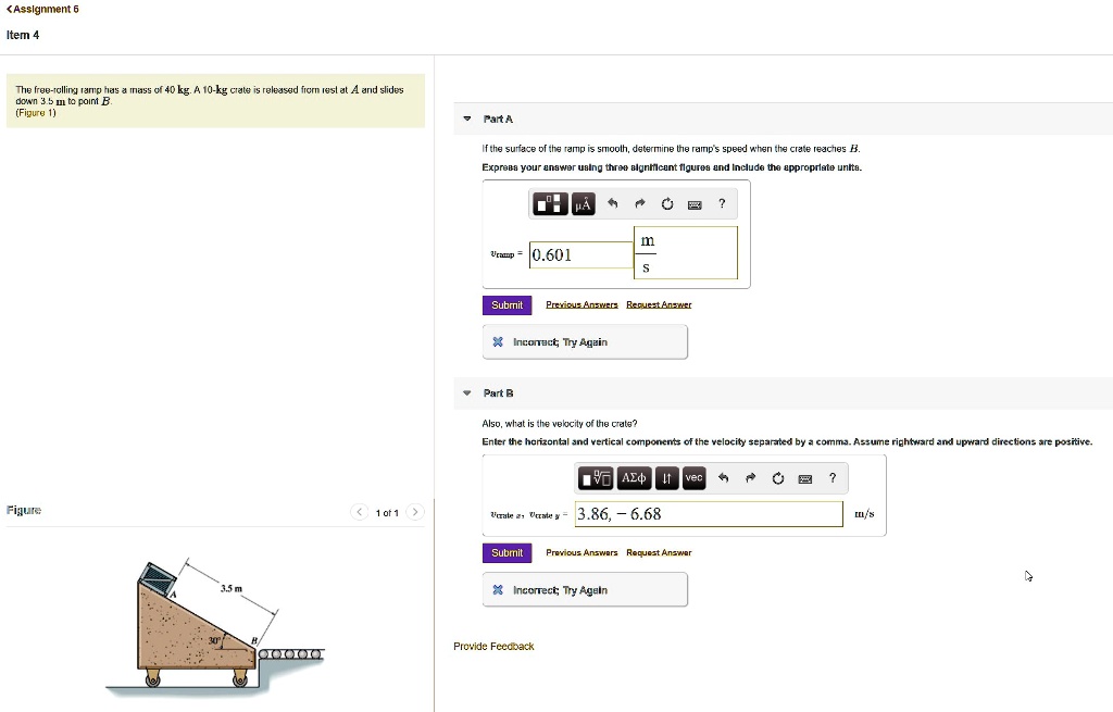 SOLVED: The free-rolling ramp has a mass of 40 kg. A 10-kg crate is released from rest at A and ...