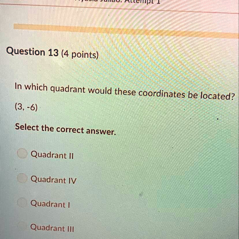 Question 13 (4 points) In which quadrant would these coordinates be ...