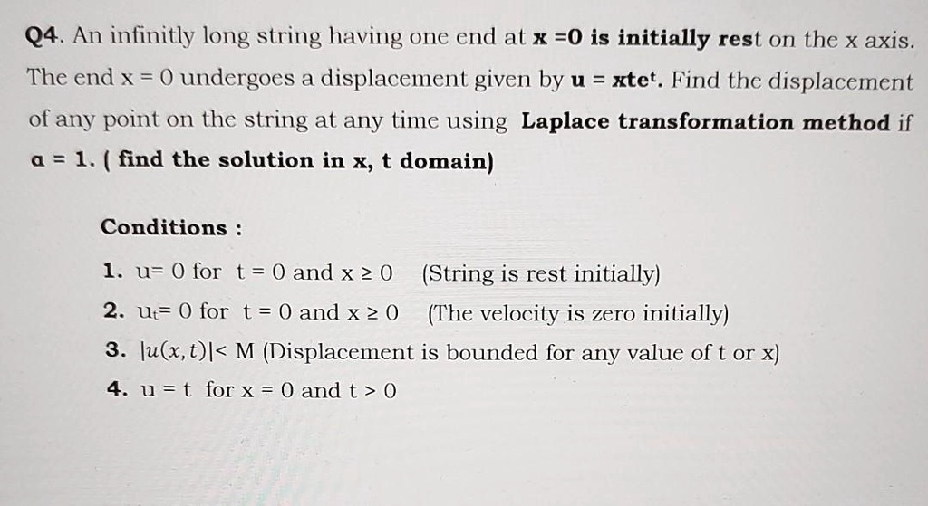SOLVED: Q4. An infinitly long string having one end at x =0 is initially rest On the X axis. The ...