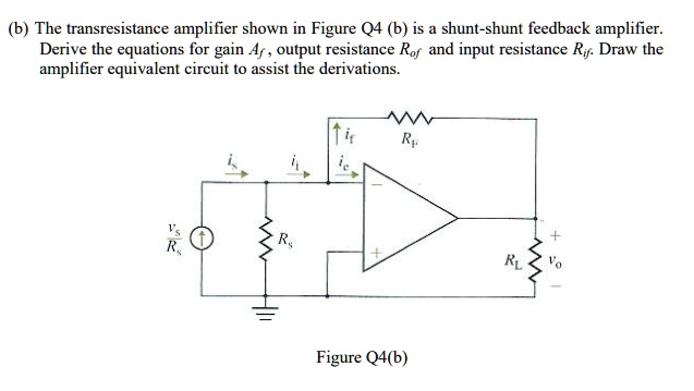 (b) The transresistance amplifier shown in Figure Q4 (b) is a shunt ...