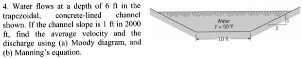 4. Water flows at a depth of 6 ft in the trapezoidal, concrete-lined ...