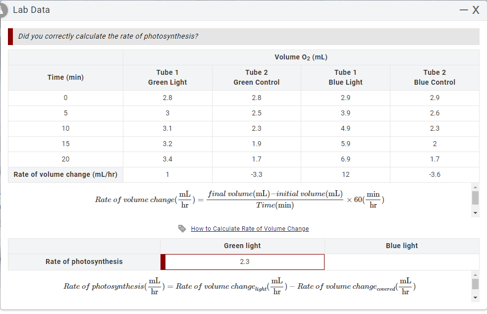 SOLVED: Lab Data -x Did you correctly calculate the rate of photosynthesis? Rate of volume ...