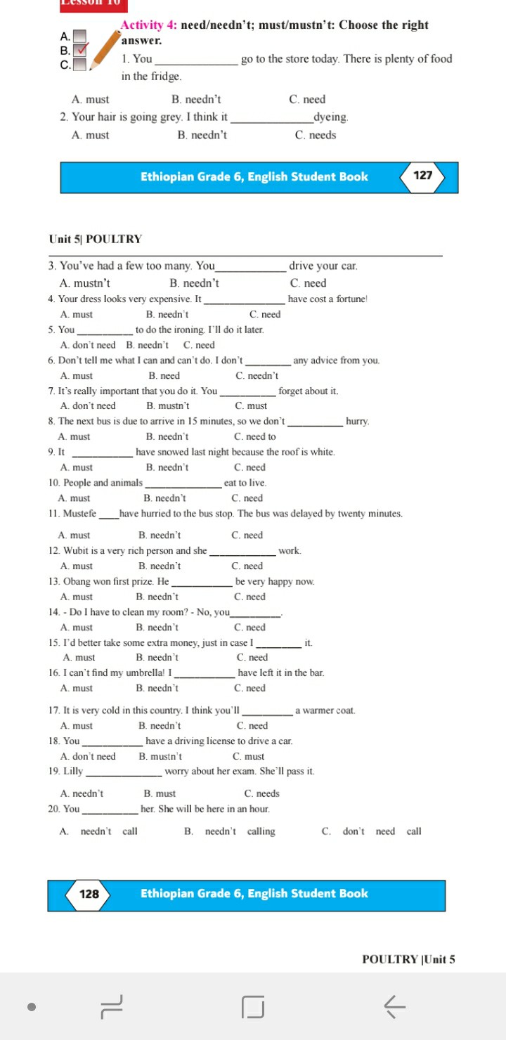 A. Activity 4: need/needn't; must/mustn't: Choose the right B. answer ...