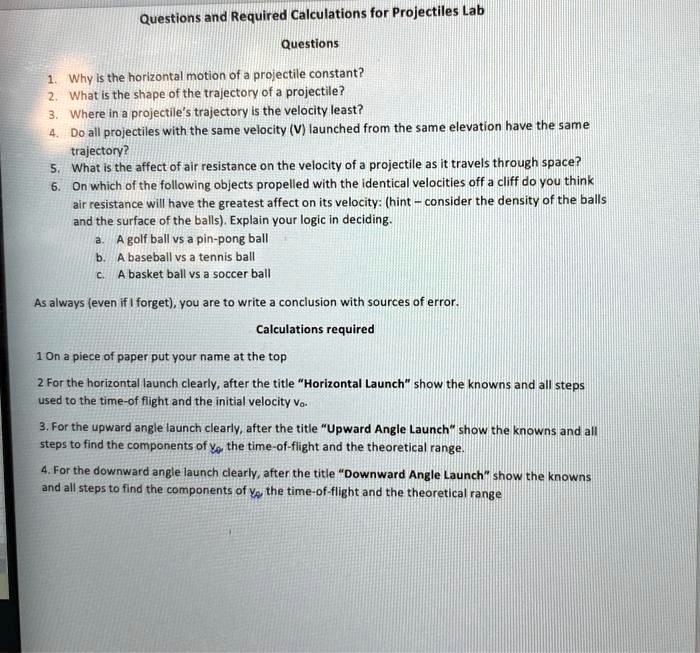 SOLVED: Text: Questions and Required Calculations for Projectiles Lab ...