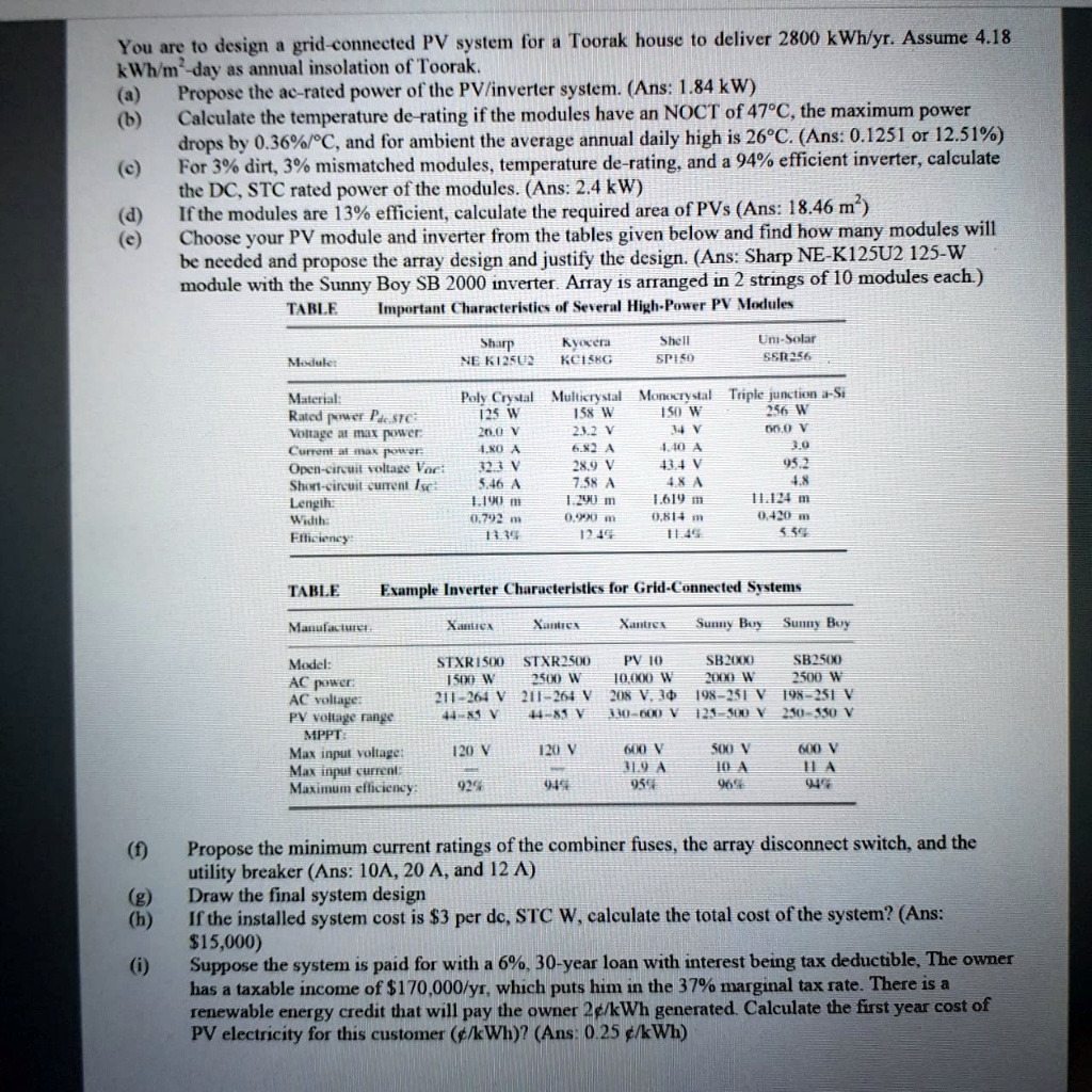 SOLVED: You are to design a grid-connected PV system for a Toorak house to deliver 2800 kWh/yr ...