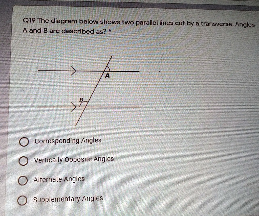 SOLVED: 019 The diagram below shows two parallel lines cut by transverse. Angles A and B are ...